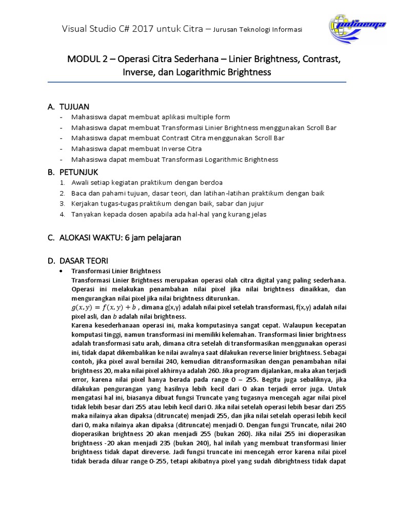 Modul 2 Utk Mahasiswa - Brightness Contrast Invert Kuantisasi | PDF
