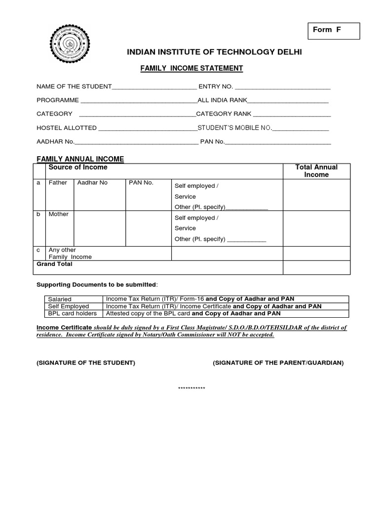 Form "D" Indian Institute of Technology Delhi: Family Income Statement ...