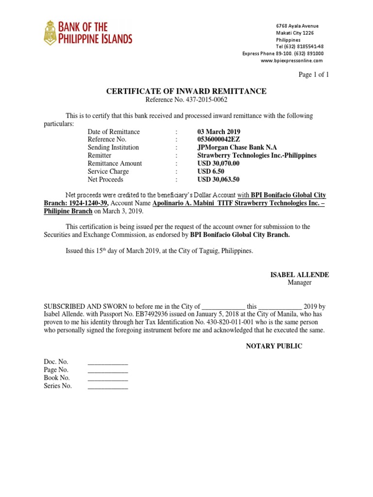 Certificate of Inward Remittance | PDF | Business