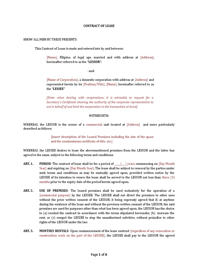 Contract of Lease Rental Agreement For Commercial Use Space With Rental ...