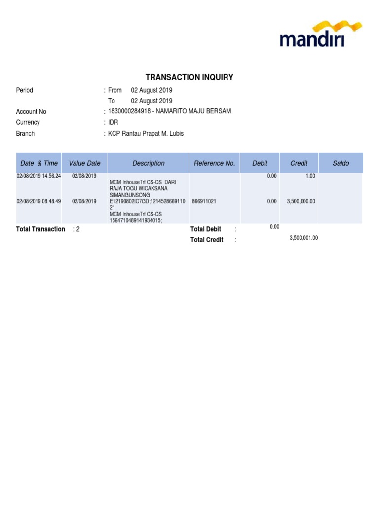 Transaction Inquiry: Date & Time Value Date Description Debit Credit ...