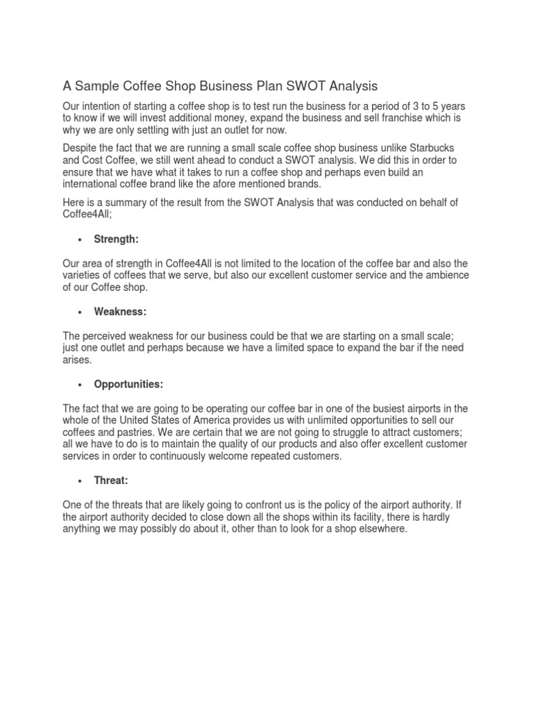 A Sample Coffee Shop Business Plan SWOT Analysis | PDF
