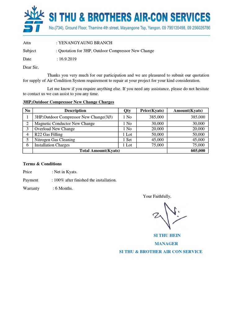 Quotation For Air Con Installation in Myanmar | PDF