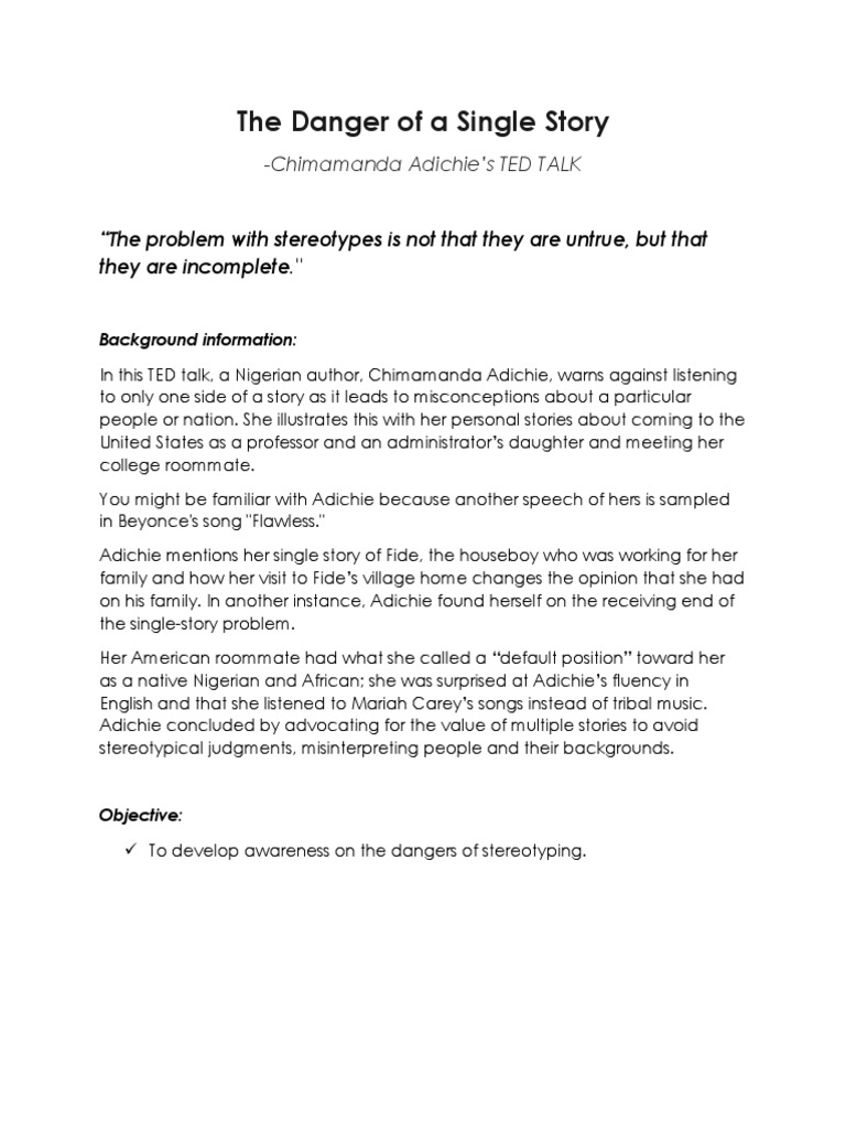 The Danger of A Single Story | PDF | Stereotypes | Communication