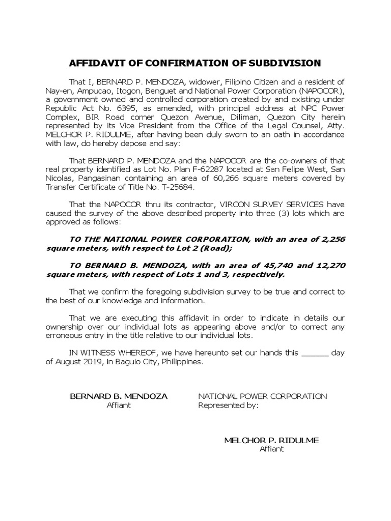 Affidavit of Confirmation of Subdivision | PDF | Affidavit | Virtue