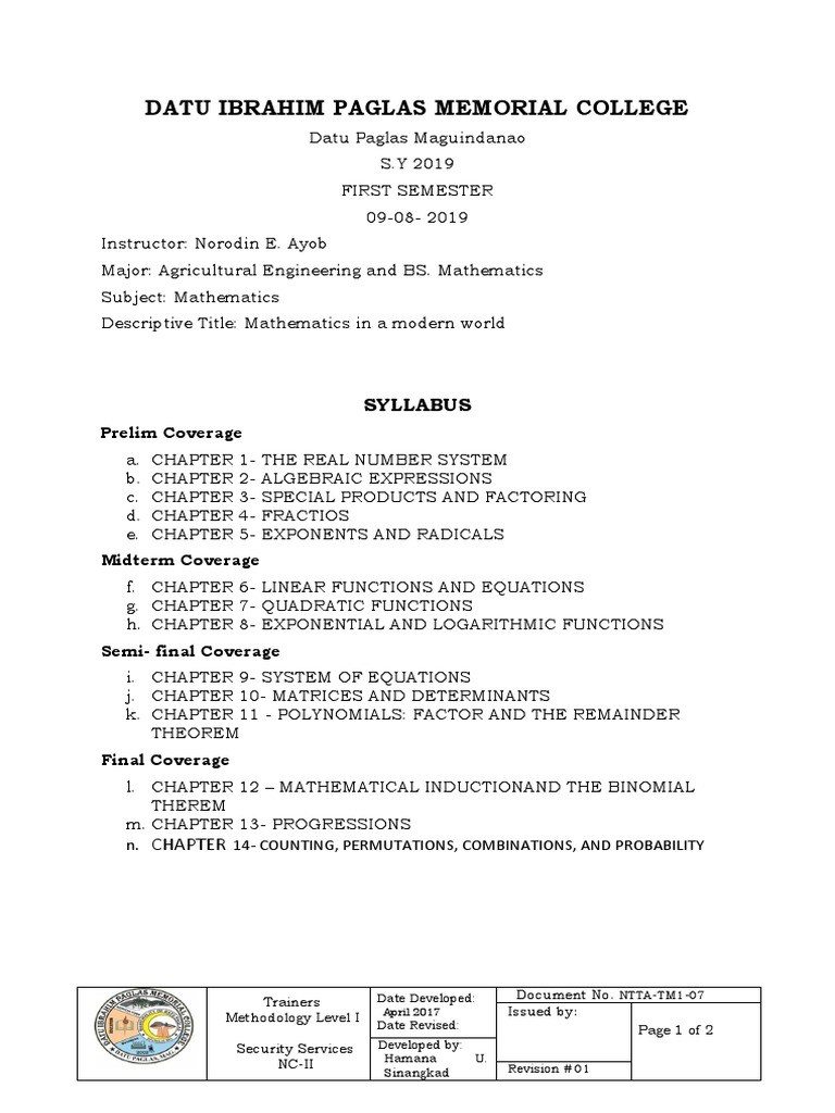 Datu Ibrahim Paglas Memorial College: Syllabus | PDF