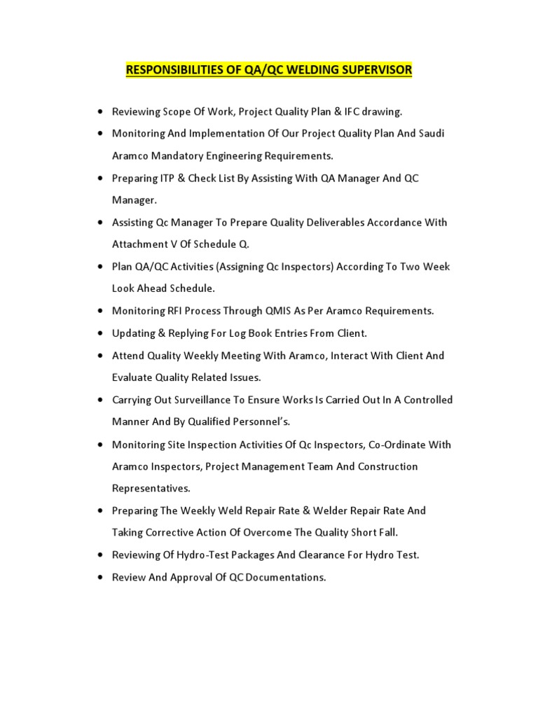 Responsibilities of QA QC Welding Supervisor | PDF