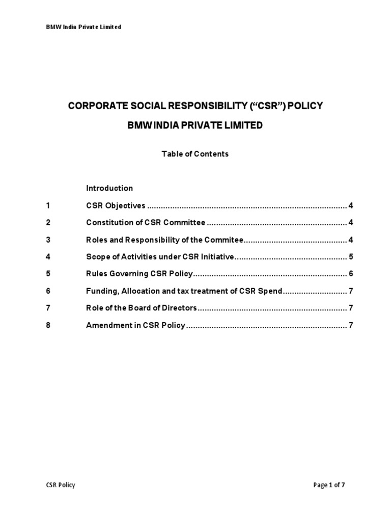 BMW India's CSR and Sustainability Policy | PDF | Corporate Social ...