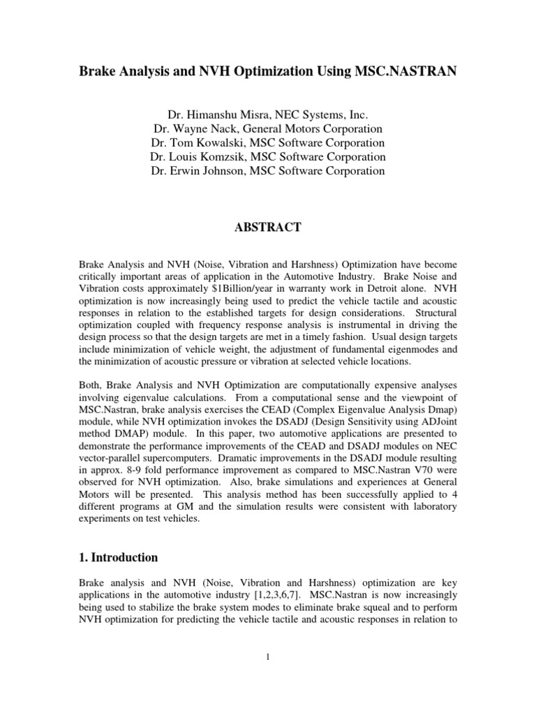 Brake NVH Optimization with MSC.Nastran | PDF | Friction | Stability Theory