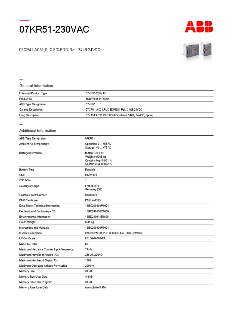 1SBP260511R1001 07cr41ac31 PLC 8di 6do Rel 34kb 24vdc | PDF | Programmable Logic Controller ...