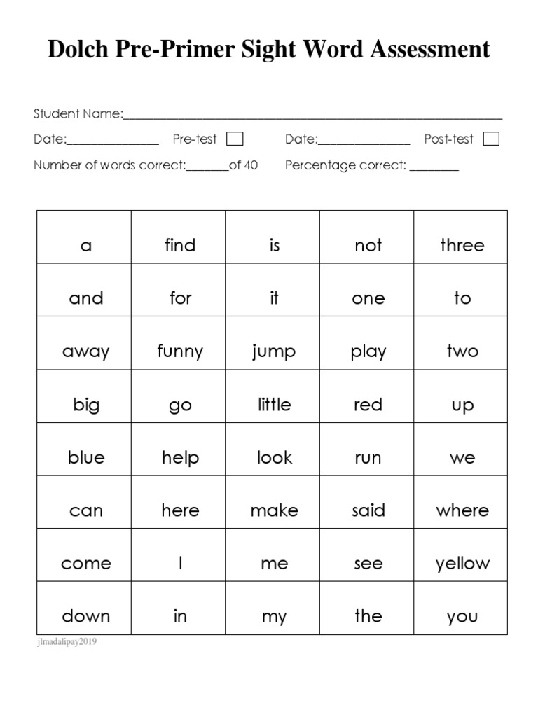 Dolch Pre-Primer Sight Word Assessment | PDF | Self-Improvement