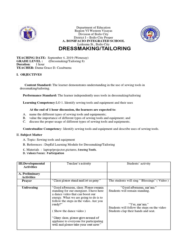 Lesson Plan 1 | PDF | Sewing | Scissors
