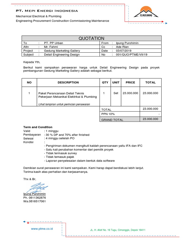 PT. Mepi Energi Indonesia MEP engineering design quotation | PDF | Hvac ...
