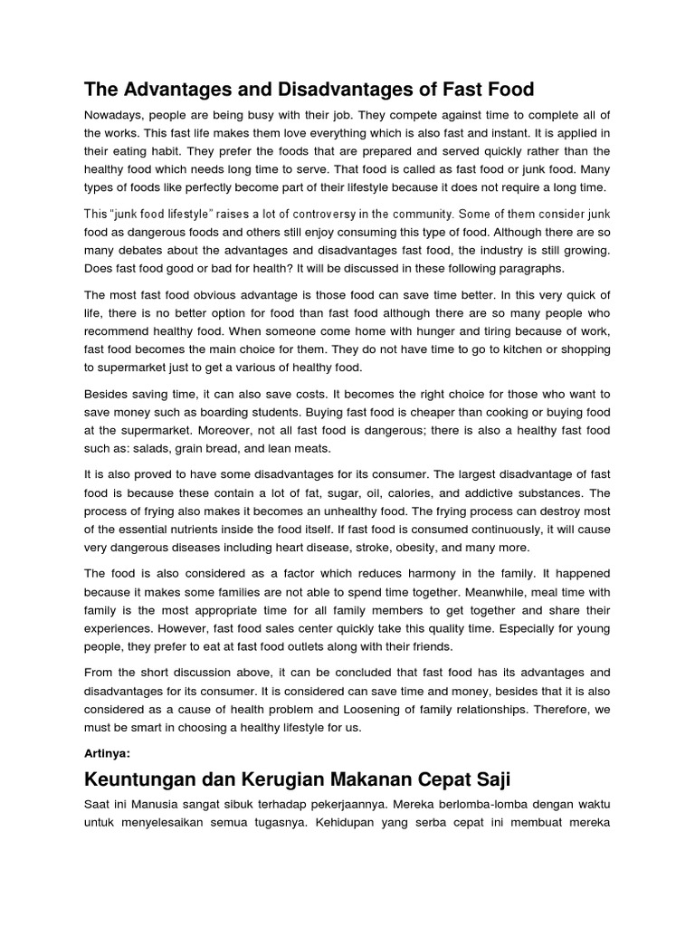 The Advantages and Disadvantages of Fast Food | PDF | Eating | Fast Food