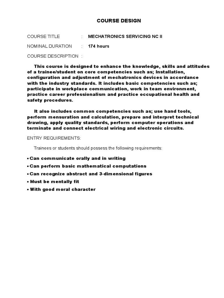 Mechatronics Servicing NC IIcoursedesign | PDF