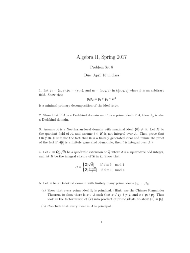 Algebra II, Spring 2017: Problem Set 8 Due: April 18 in Class | PDF