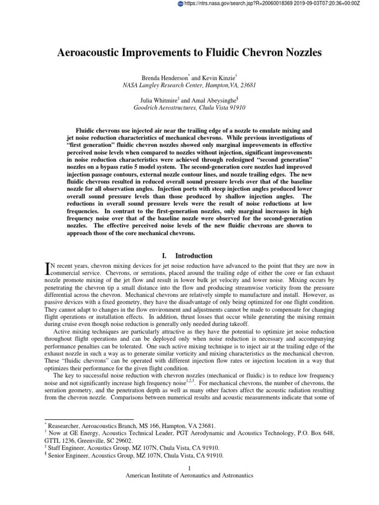 Aeroacoustic Improvements To Fluidic Chevron Nozzles: NASA Langley ...