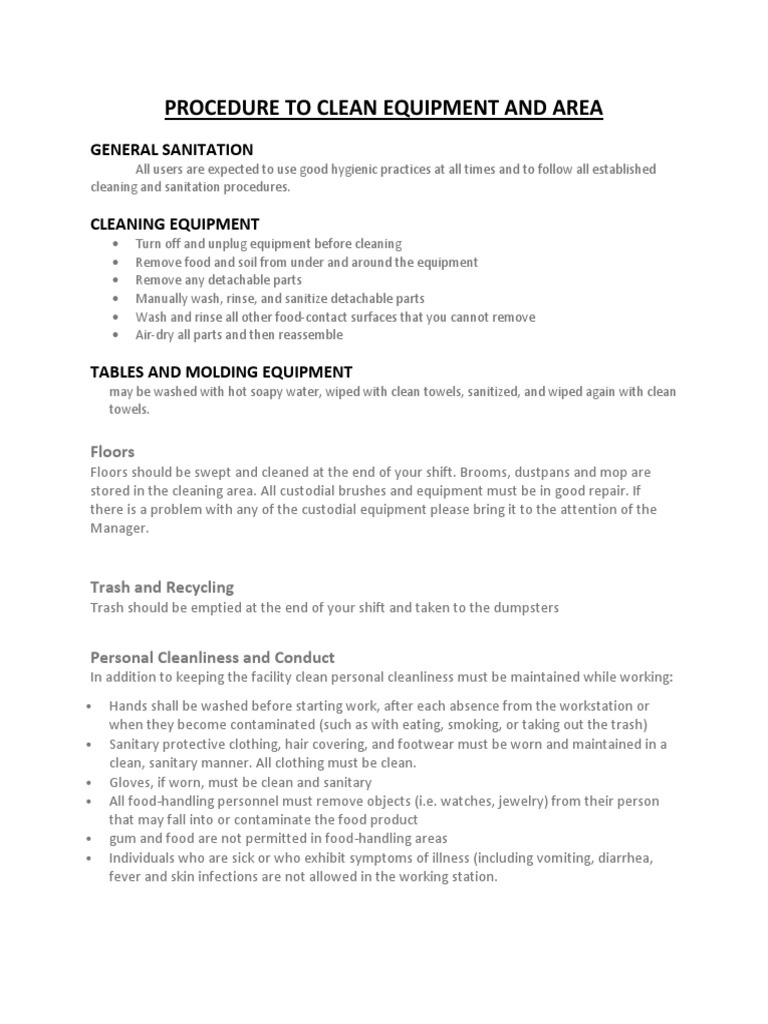 Procedure To Clean Equipment and Area | PDF
