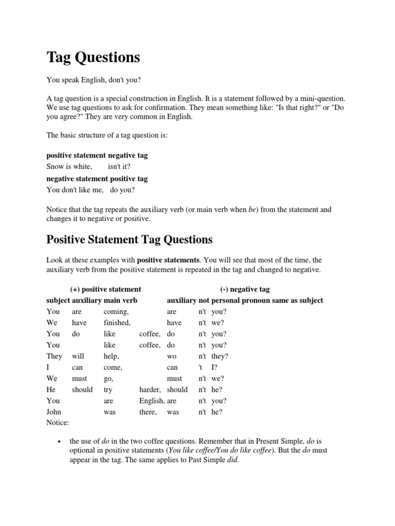 Positive Statement Tag Questions | PDF | Question | Verb