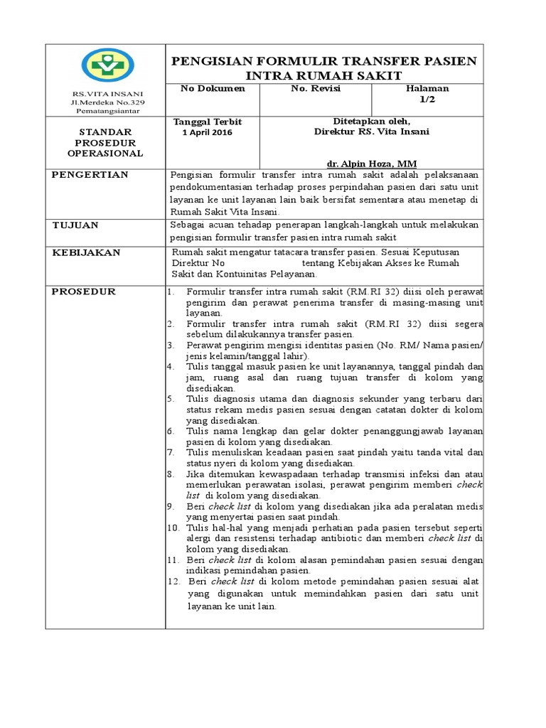 Prosedur Transfer Pasien Intra RS | PDF