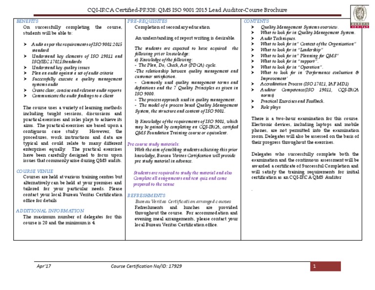 ISO 9001:2015 Lead Auditor Course Brochure | PDF | Quality Management ...