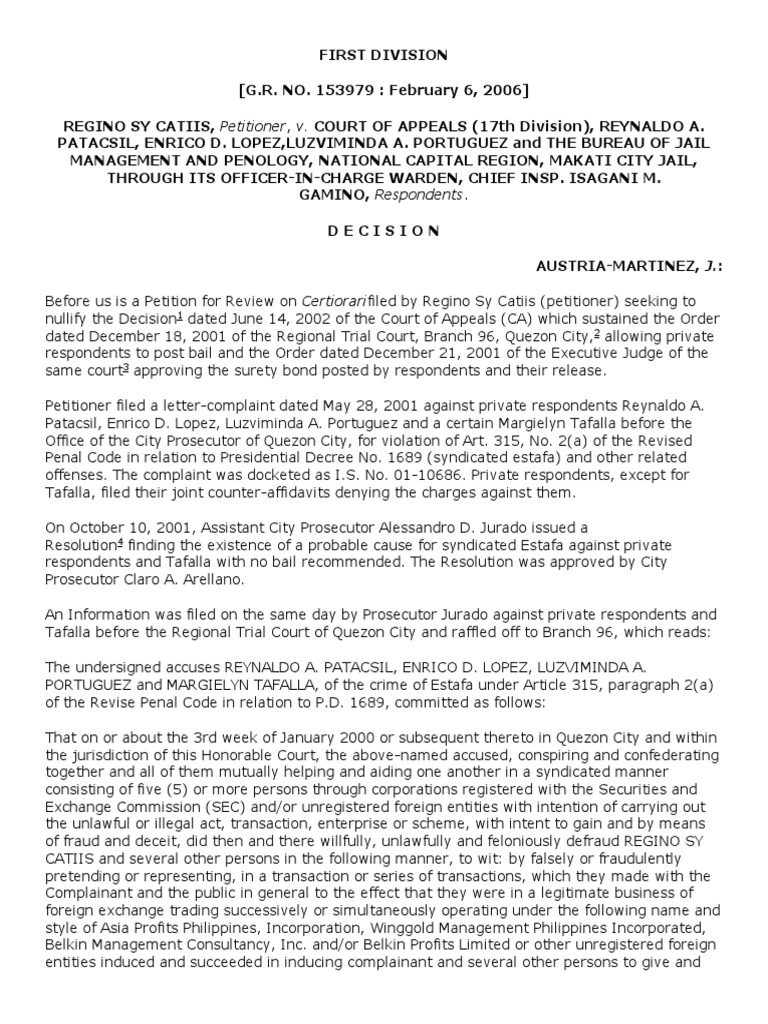 Regino Sy Catiis v. CA Et. Al. GR No. 153979 09 February 2006 | PDF ...