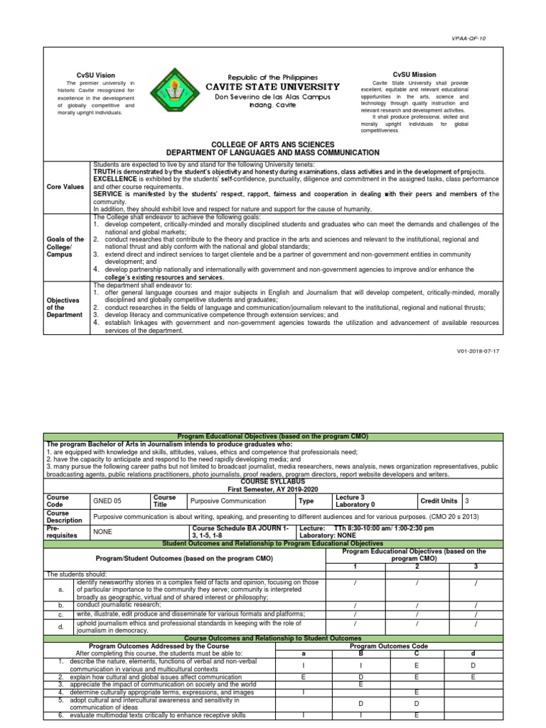 Purposive Communication Syllabus | PDF | Cross Cultural Communication ...