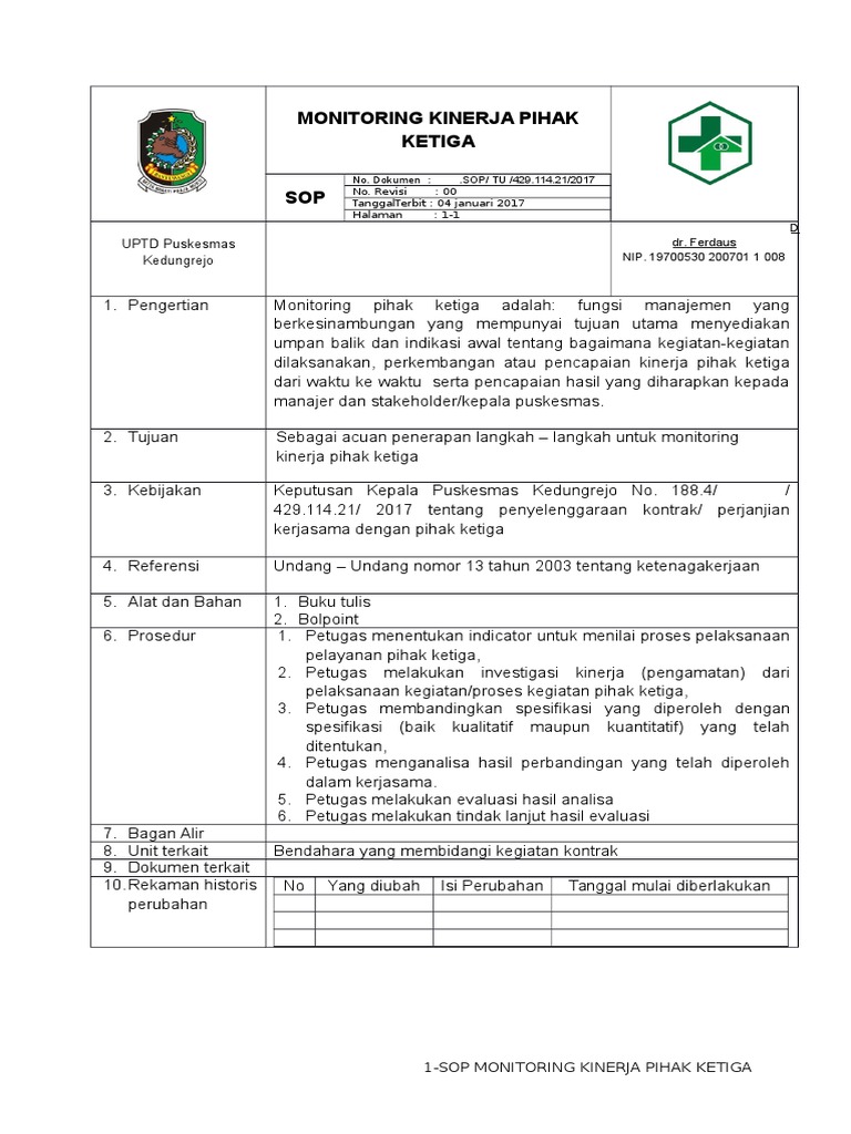 252 Sop Monitoring Kinerja Pihak Ketiga PDF | PDF | Karier & Perkembangan