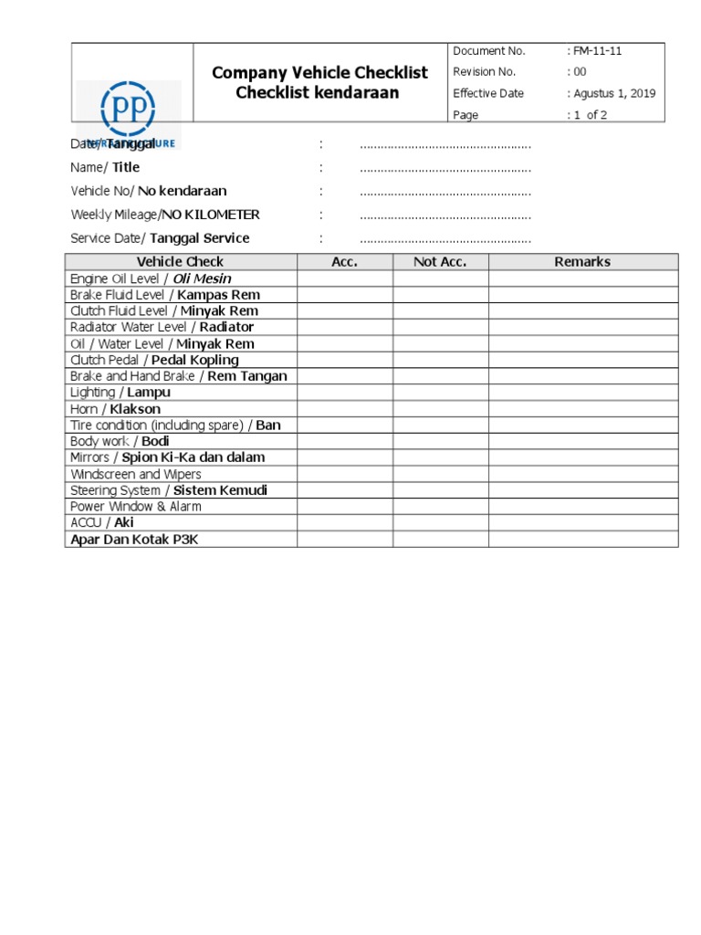 FM-11-11 Company Vehicle Checklist | PDF | Business