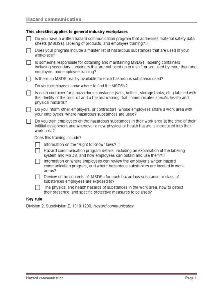 Hazard Communication: This Checklist Applies To General Industry ...
