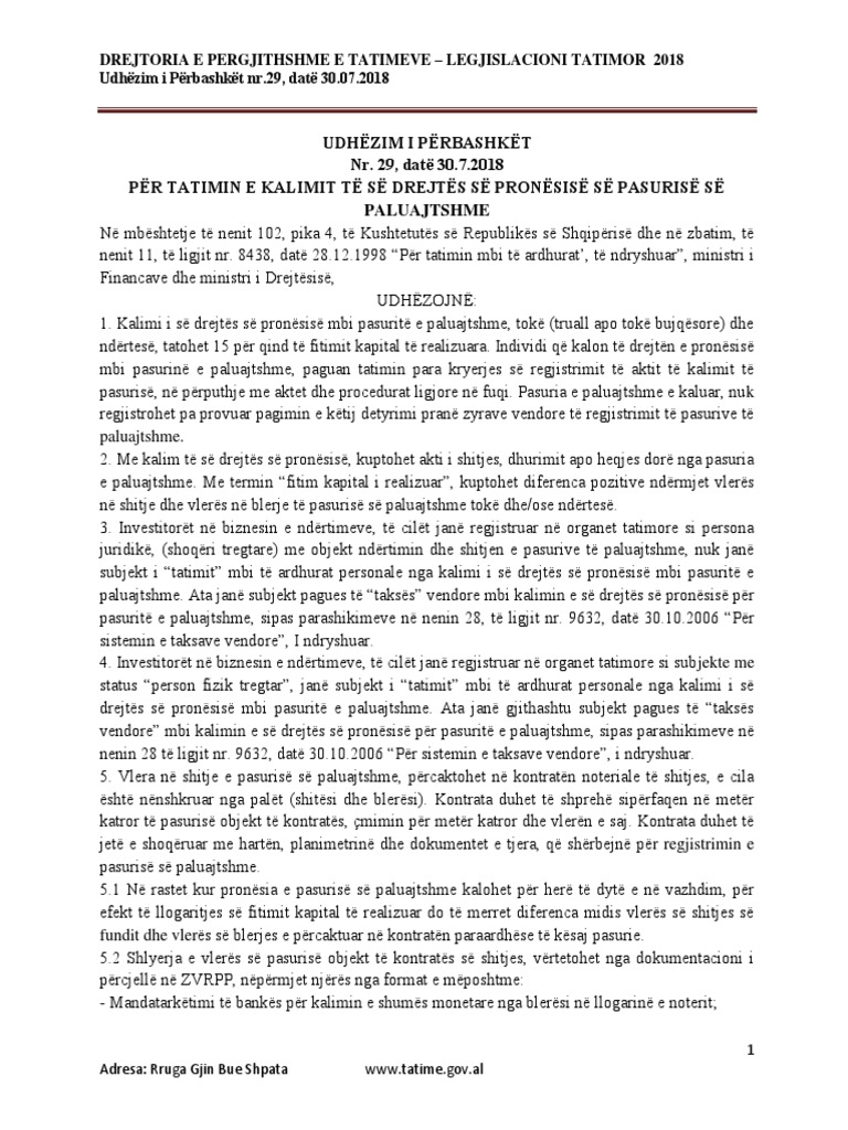 Udhëzim I Përbashkët Nr. 29 Datë 30.7.2018 Për Tatimin e Kalimit Të Së ...
