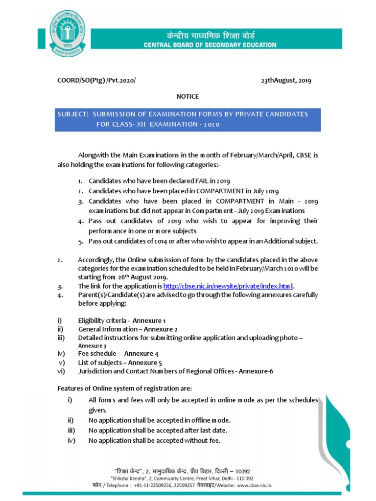 CBSE Class 12 Private Candidate Form 2020 | PDF | Test (Assessment)