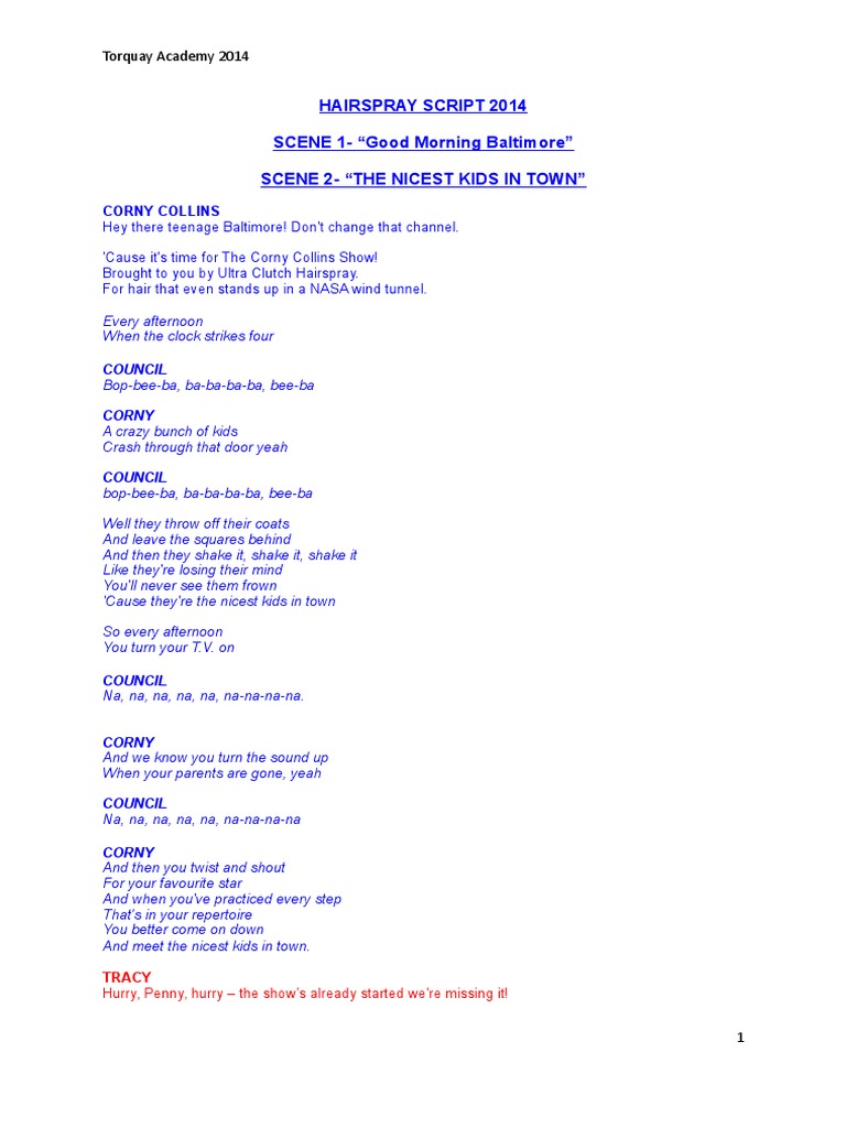 Hairspray Script: Torquay Academy 2014 | PDF | Art