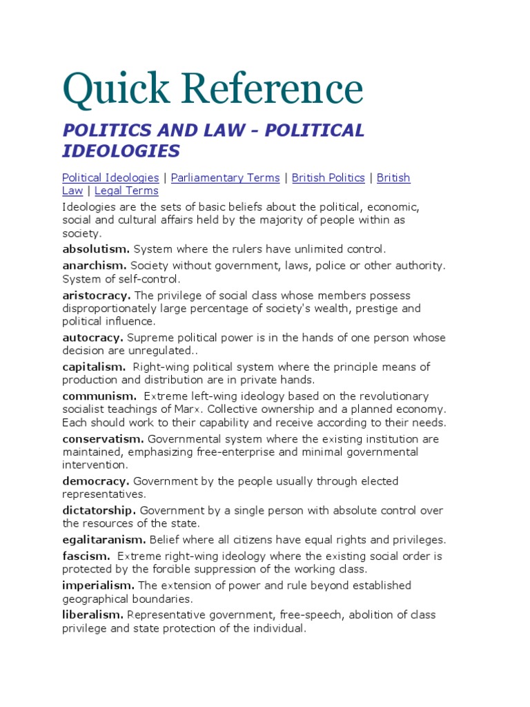 Quick Reference: Politics and Law - Political Ideologies | PDF ...