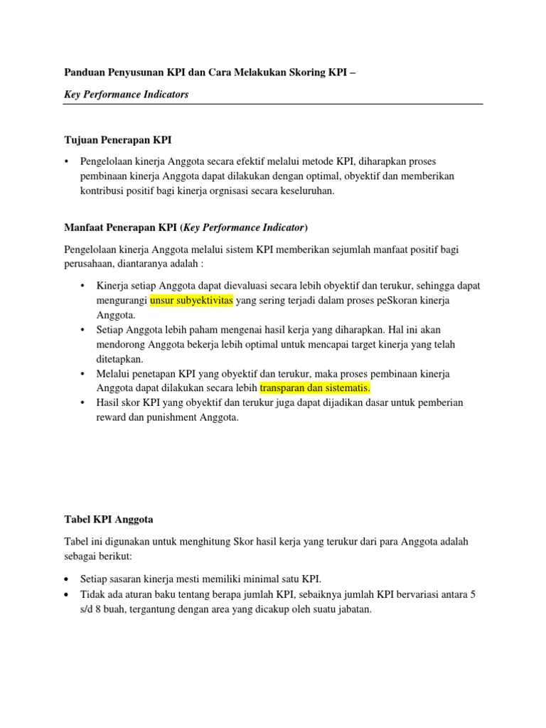Panduan Penyusunan KPI Dan Cara Melakukan Skoring KPI | PDF