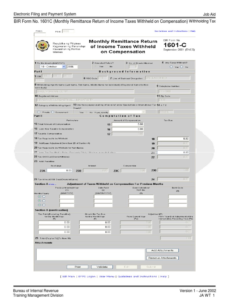 BIR Form No. 1601C (Monthly Remittance Return of Income Taxes Withheld ...