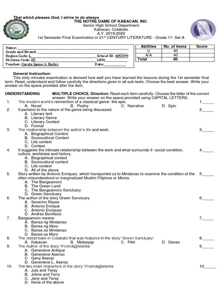 Grade 11 Literature Final Exam | PDF | Narration | Poetry