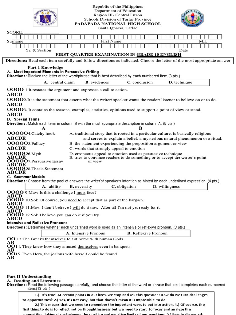 Grade 10 English Exam Review Guide | PDF | Helen Keller | Argument