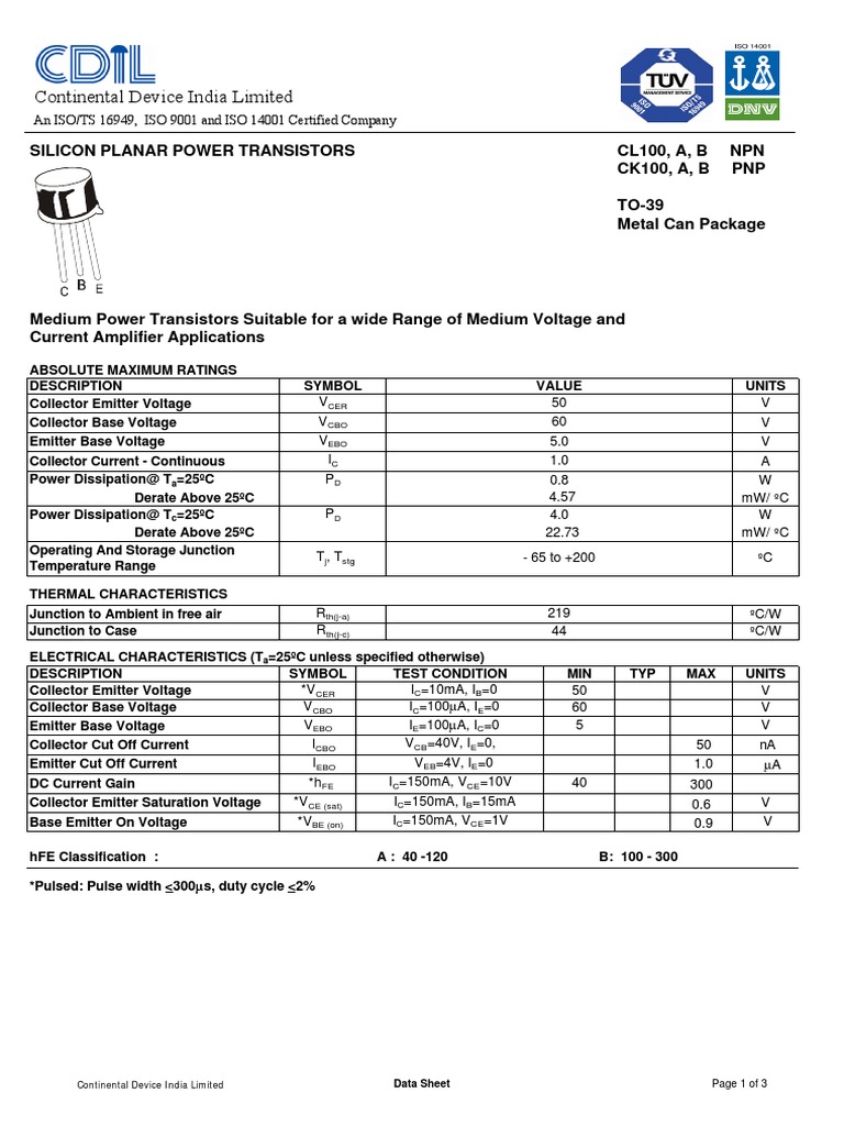 CK100 | PDF | Bipolar Junction Transistor | Electronics