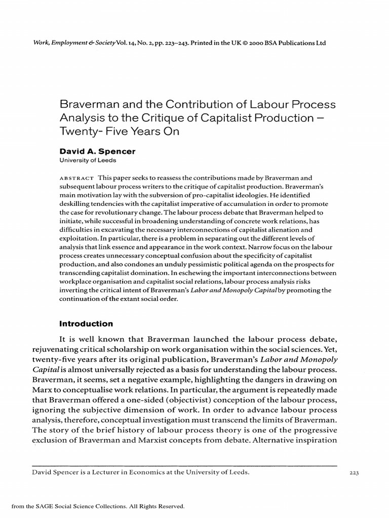 Braverman and The Contribution of Labour Process Analysis To The ...