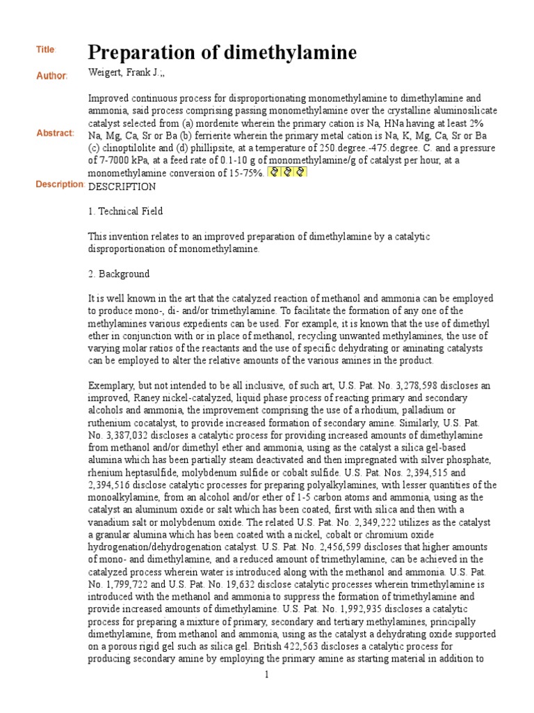 Preparation of Dimethylamine | PDF | Zeolite | Catalysis