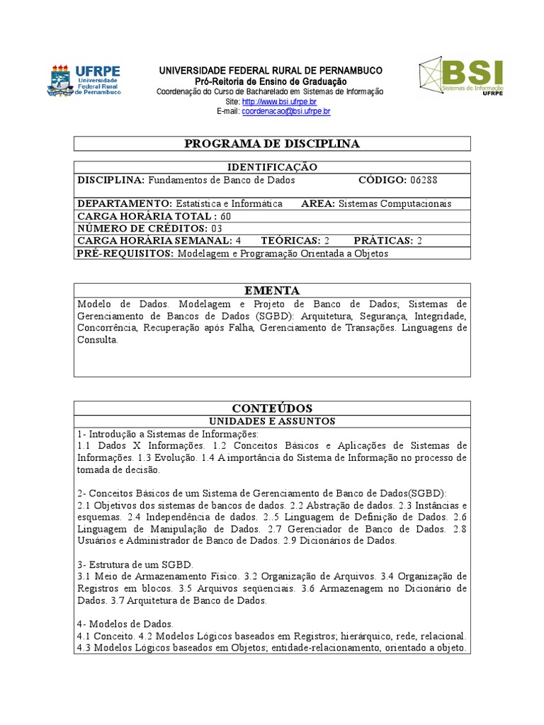 Fundamentos de Banco de Dados: Programa de Disciplina Detalhando Conteúdos, Bibliografia e Pré ...