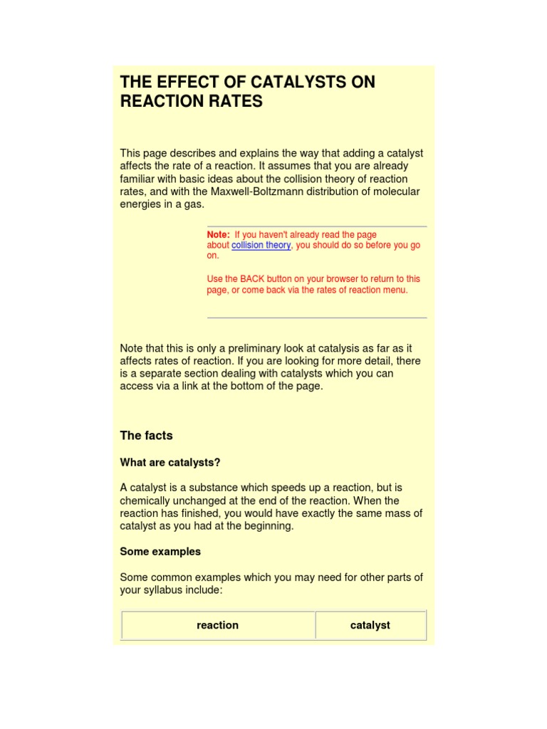 The Effect of Catalysts On Reaction Rates | PDF | Catalysis ...