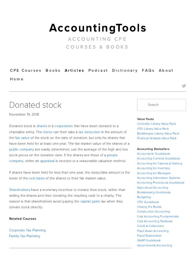 Donated Stock - AccountingTools | PDF | Stocks | Accounting