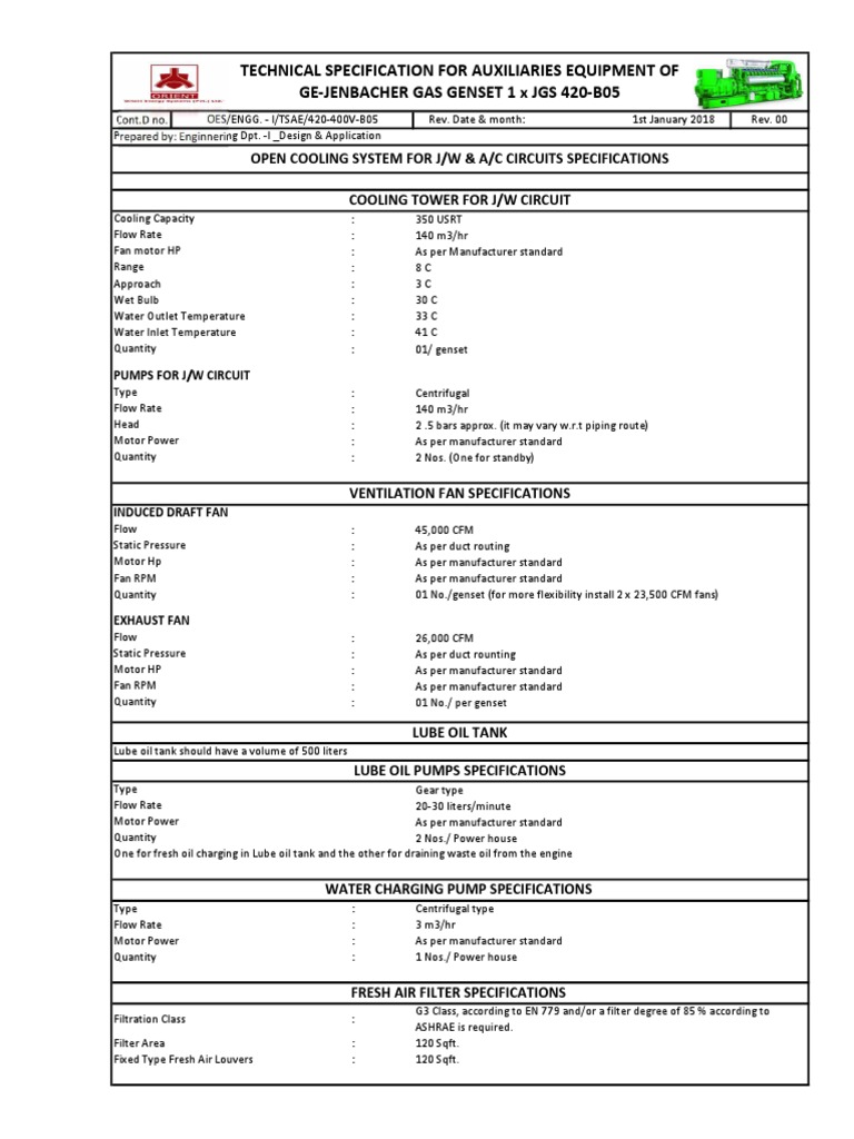 Technical Specification Sheet For Auxiliaries Equipment OfJ - 420 | PDF ...