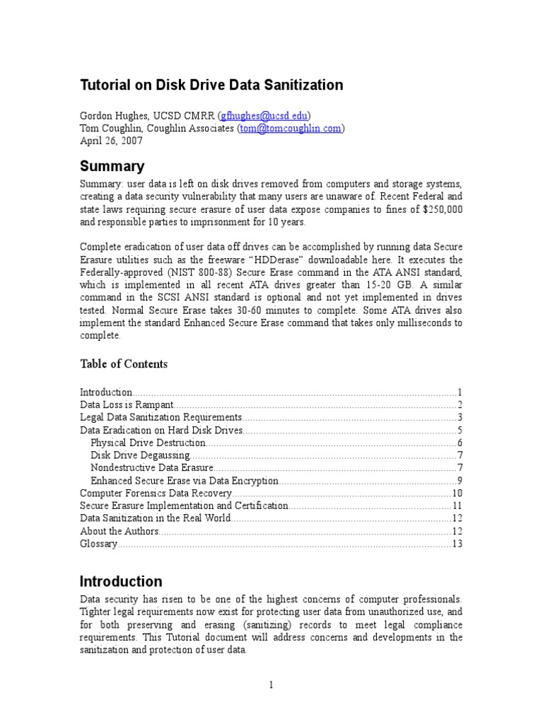 Tutorial On Disk Drive Data Sanitization: Gfhughes@ucsd - Edu | PDF | Hard Disk Drive | Encryption