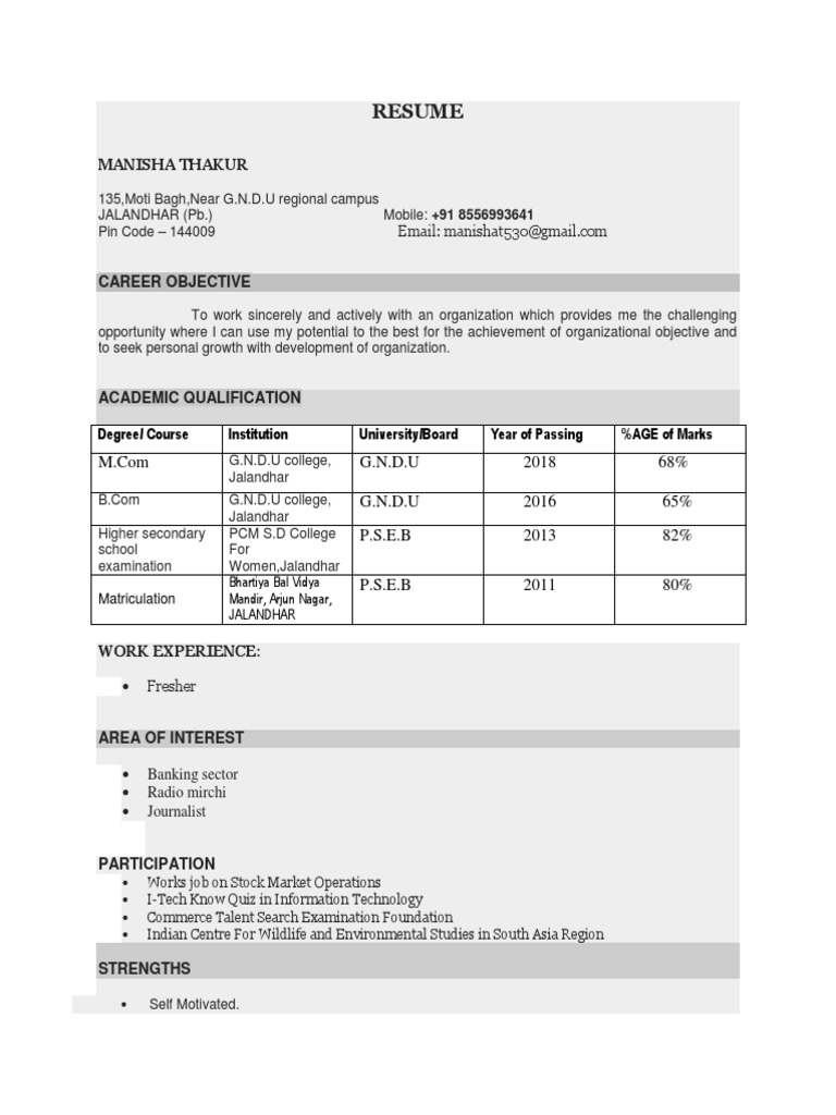 Manisha Thakur's Resume Seeking a Challenging Career in the Banking ...