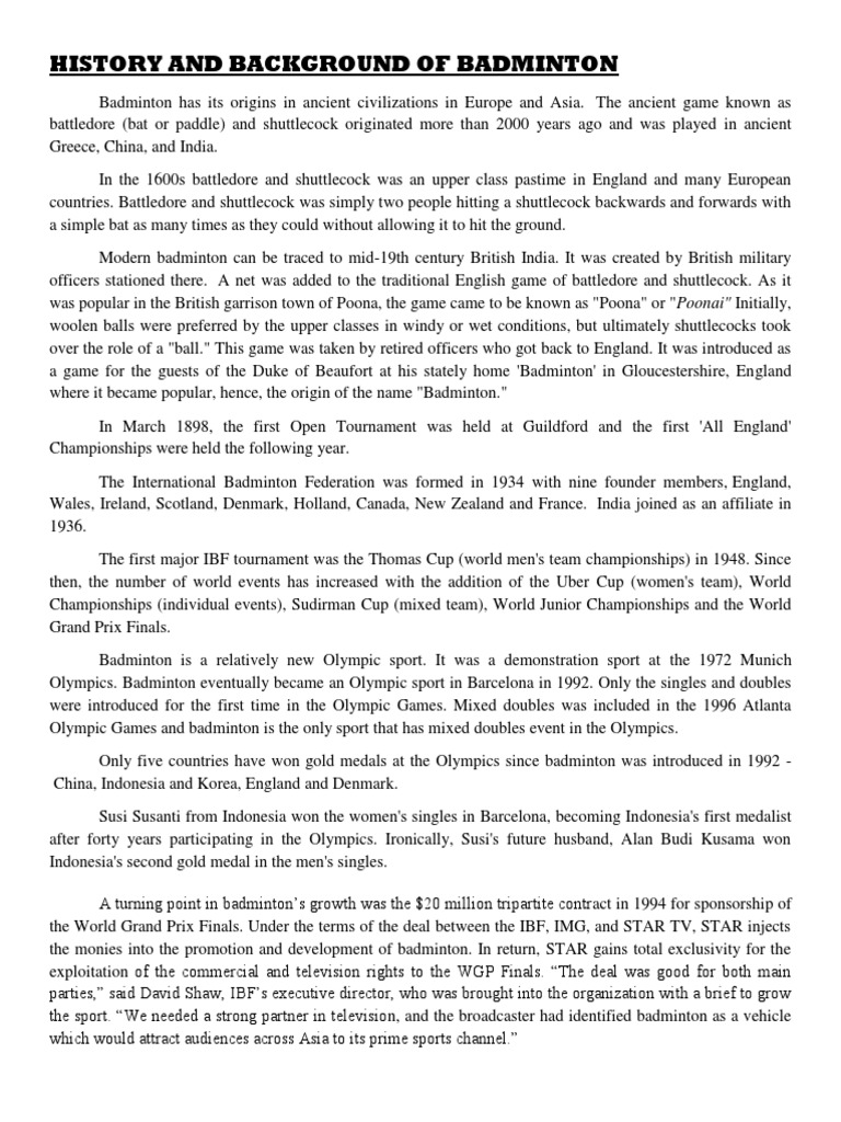 History and Background of Badminton | PDF | Referee | Racquet Sports