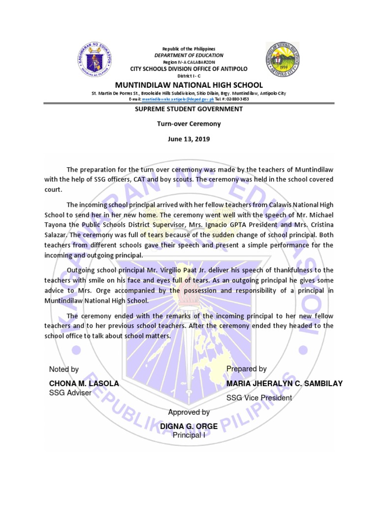 Muntindilaw National High School: Supreme Student Government Turn-Over ...