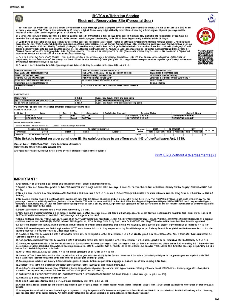 Train Ticket Booking Sample | PDF | Identity Document | Ticket (Admission)